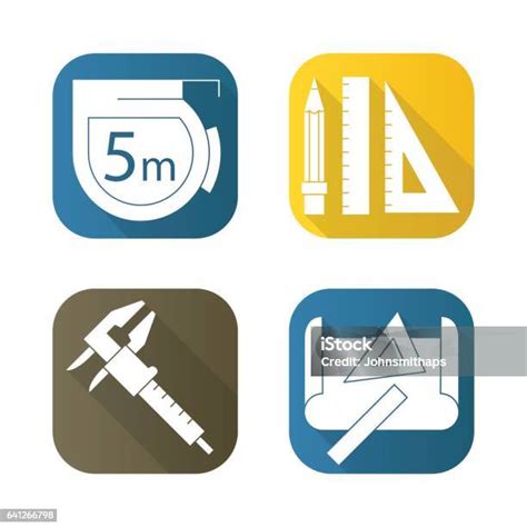 공학 도구 평평한 긴 그림자 아이콘 세트 캘리퍼스 연필 및 통치자 측정 테이프 눈금자 그리기 벡터 일러스트 레이 션을 격리 0명에 대한 스톡 벡터 아트 및 기타 이미지