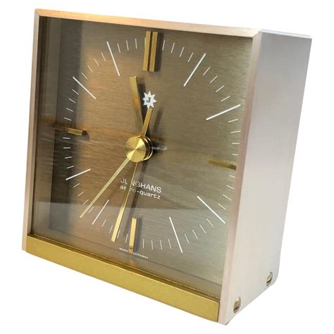 Midcentury Junghans Table Clock Astro Quarz Brushed Metal Gold 1970s