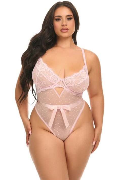 Plus Size That Girl Pink Mesh And Lace Lingerie Teddy Spicy Lingerie