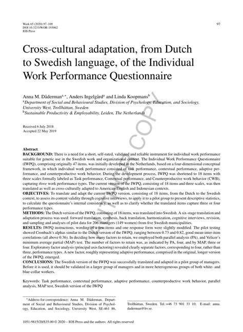 Pdf Cross Cultural Adaptation From Dutch To Swedish Language Of The Individual Work