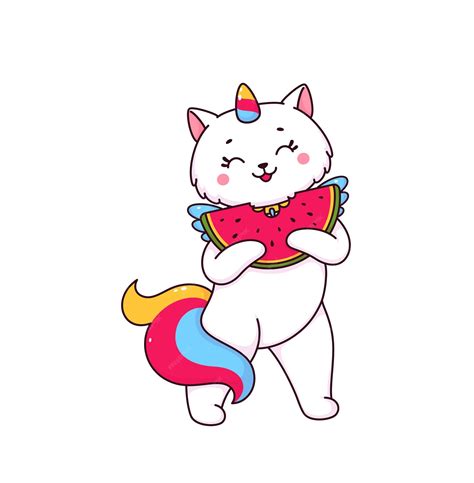 Premium Vector Cartoon Cute Caticorn Character With Watermelon