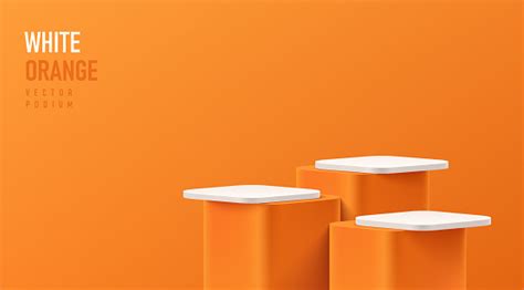 사실적인 3d 둥근 모서리 큐브 스탠드 연단은 흰색 주황색 장면으로 설정됩니다 벡터 추상 기하학적 플랫폼 디자인 벽 최소 장면 화장품 무대 진열장 배너 프로모션 디스플레이