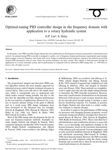 Pdf Liu Optimal Tuning Pid Controller Design In The Frequency Domain With Application To A