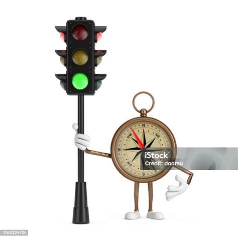 골동품 빈티지 황동 나침반 만화 사람 캐릭터 마스코트 교통 녹색 신호등 3d 렌더링 3차원 형태에 대한 스톡 사진 및 기타 이미지 3차원 형태 개념 검은색 Istock