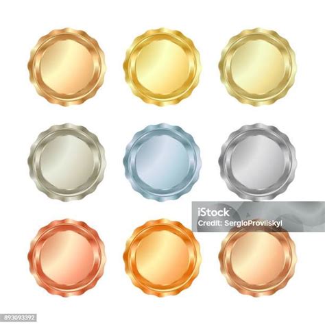 메달 동전 단추 금속 골드 레드 골드 화이트 골드 백 금은 청동 구리 알루미늄 광택 빈 템플릿 벡터 집합 0명에 대한 스톡 벡터 아트 및 기타 이미지 Istock