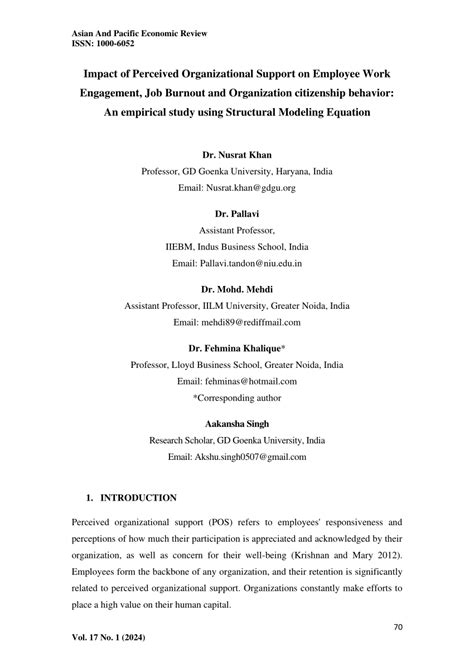 Pdf Impact Of Perceived Organizational Support On Employee Work Engagement Job Burnout And