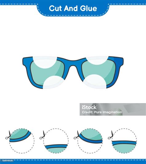 잘라 붙이고 접착제를 자르고 선글라스의 일부를 자르고 접착제를 붙입니다 교육 어린이 게임 인쇄 워크 시트 벡터 일러스트레이션 0명에 대한 스톡 벡터 아트 및 기타 이미지