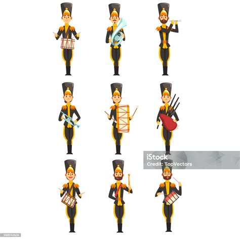 악기를 연주 하는 군인 흰색 배경에 검정색 유니폼 육군 군사 밴드의 구성원 벡터 그림 Performance Group에 대한 스톡 벡터 아트 및 기타 이미지