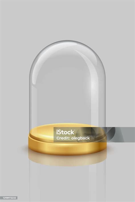 회색 배경에 유리 돔 둥근 황금 트레이 벡터 일러스트가 있는 크리스탈 케이스 빈 사실적인 크리스마스 컨테이너 제품 프리젠 테이션을위한 디스플레이 또는 쇼케이스 돔형 쟁반에