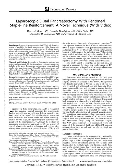 Pdf Laparoscopic Distal Pancreatectomy With Peritoneal Staple Line Reinforcement A Novel