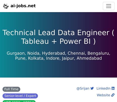 Hiring Technical Lead Data Engineer Tableau Power Bi In Gurgaon Noida Hyderabad
