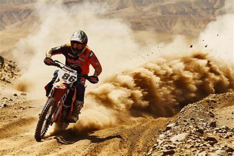 Sports Speed Dirt Bike Racing Through Rugged Desert Terrain With Dust