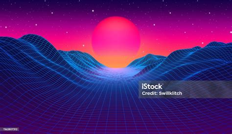 협곡 위에 푸른 그리드 산과 태양과 80 년대 신디웨이브 스타일의 풍경 배경 주제에 대한 스톡 벡터 아트 및 기타 이미지