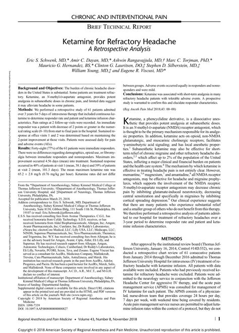 Pdf Ketamine For Refractory Headache A Retrospective Analysis