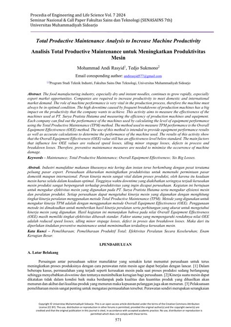 Pdf Total Productive Maintenance Analysis To Increase Machine