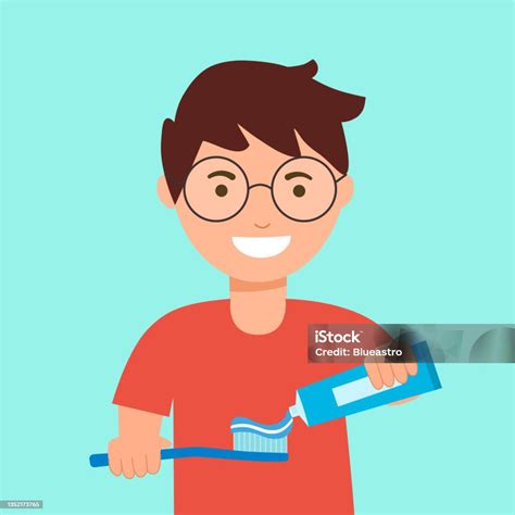 평평한 디자인의 욕실에서 양치질을하는 소년 아이 아이들은 충치를 방지하기 위해 치아를 청소합니다 칫솔과 치약으로 치과 위생 깨끗