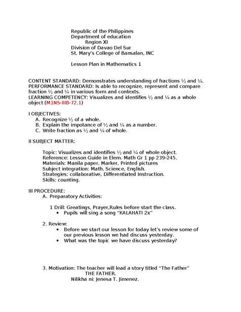 Math Lesson Plan Lesson Plan In Math Republic Of The Philippines Department Of Education