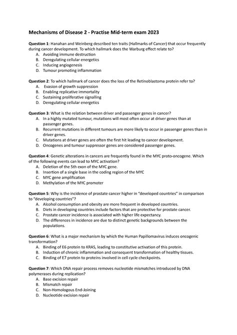 Practise Midterm Exam MOD Questions And Answers Mechanisms Of Disease Practise Mid Term