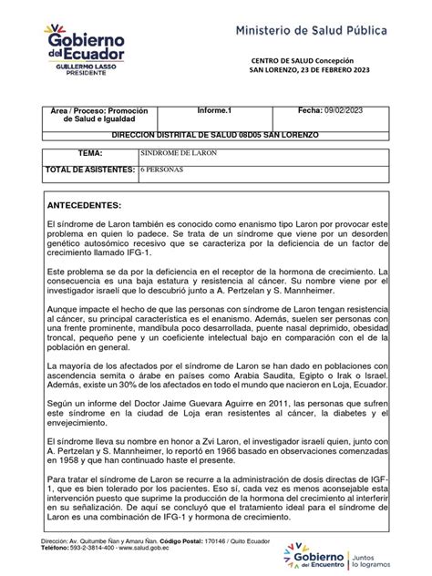 Informe Sobre Una Charla Educativa Sobre El Síndrome De Laron Realizada