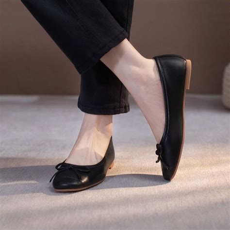 Womens Ballet Flats Shoes Leather Round Toe Bow Comfort Shoes Ballet