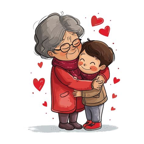 Handdrawn Illustration Of A Loving Grandmother And Grandson Premium