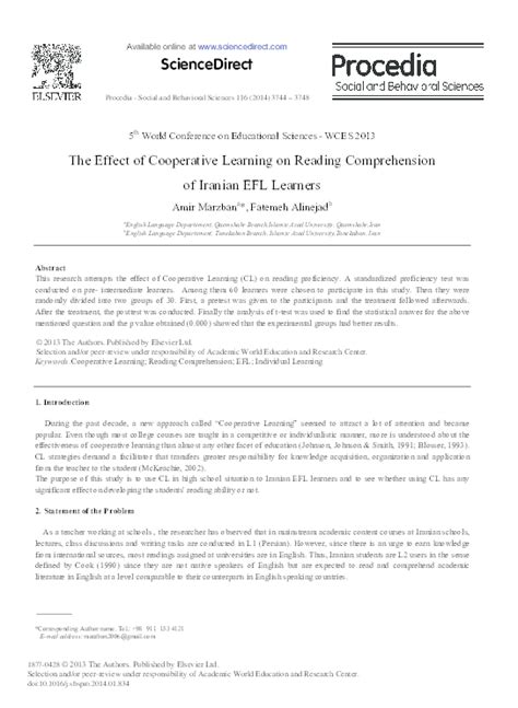 Pdf The Effect Of Cooperative Learning On Reading Comprehension Of