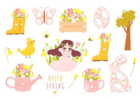 Set Of Cute Spring And Easter Vector Elements Isolated On White