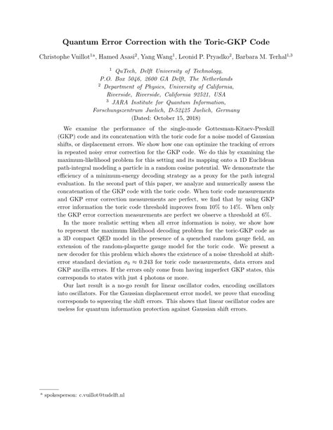 Pdf Quantum Error Correction With The Toric Gkp Code