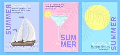 현대 여름 휴가 배너 포스터 또는 열대 나뭇잎 여름 칵테일과 바다 보트와 카드 여름 휴가와 여행 컨셉 미니멀리스트 스타일의