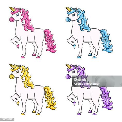 ยูนิคอร์นน่ารัก ม้านางฟ้าวิเศษ ตัวการ์ตูน ภาพประกอบเวกเตอร์ที่มีสีสัน โดดเดี่ยวบนพื้นหลั