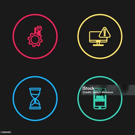 세트 라인 모래 시계 Faq 정보와 모바일 느낌표 와 렌치와 드라이버 기어 아이콘을 모니터링합니다 벡터 검은색에 대한 스톡 벡터 아트 및 기타 이미지 Istock