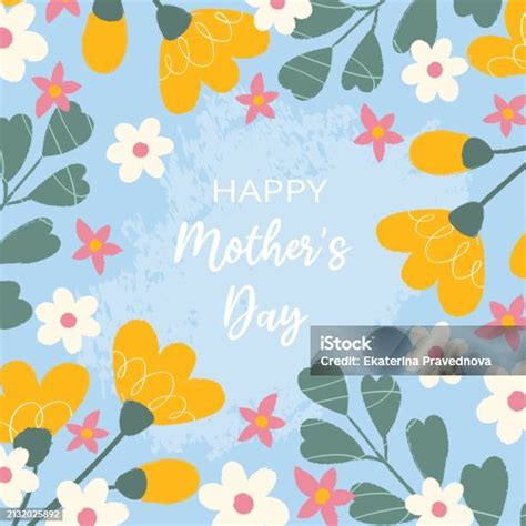그런 지 질감의 손으로 그린 꽃 낙서와 나뭇잎 및 해피 어머니의 날을 위해 파란색 배경에 타이포그래피와 인사말 카드 포스터 배너 초대장 표지를 위한 트렌디한 디자인 0명에