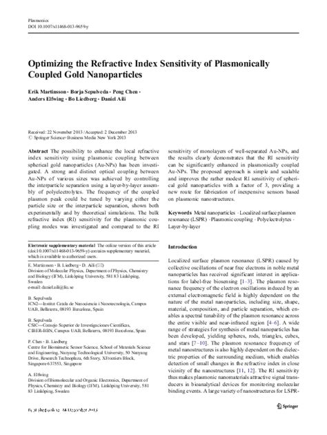 Pdf Optimizing The Refractive Index Sensitivity Of Plasmonically Coupled Gold Nanoparticles