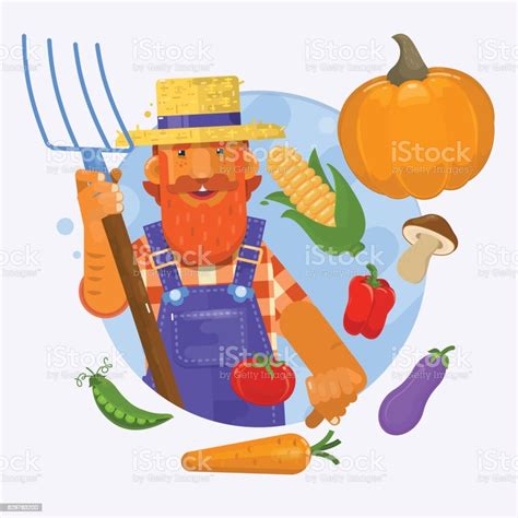 야채와 함께 모자를 쓰고 정원 포크를 들고 농부의 그림 벡터 일러스트 레이 션 개념에 대한 스톡 벡터 아트 및 기타 이미지 개념 남자 배경 주제 Istock