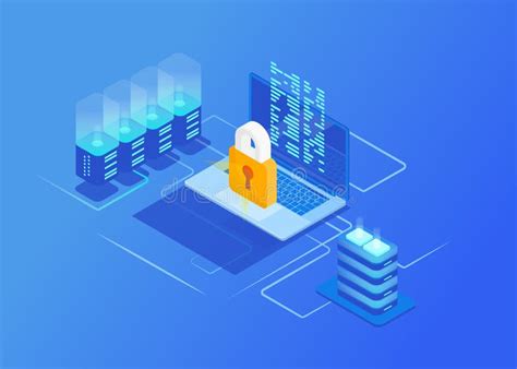 Isometric Protection Network Security Concepts Laptop With Data And Protection Against Hacker