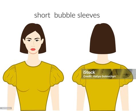 버블 소매 짧은 길이의 퍼프 옷 캐릭터 황토색 탑 셔츠 드레스 테크니컬 패션 일러스트에 아름 다운 숙녀 적합 플랫 의류 템플릿 앞면 뒷면 여성 남성 남녀 공통 Cad T