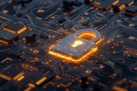 Cybersecurity Concept With Illuminated Lock On Circuit Board Stock