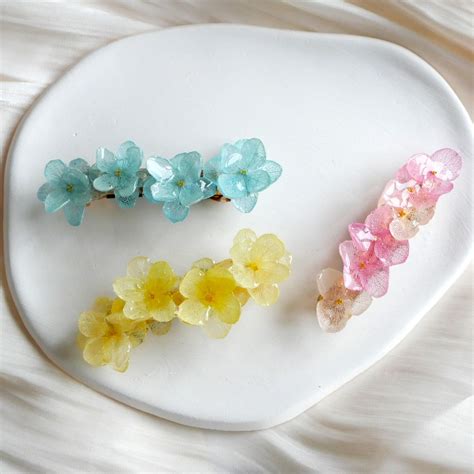 Real Flower Hair Clip Dried Hydrangea Resin Barrette Pastel Floral