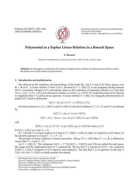 Pdf Polynomial In A Saphar Linear Relation In A Banach Space