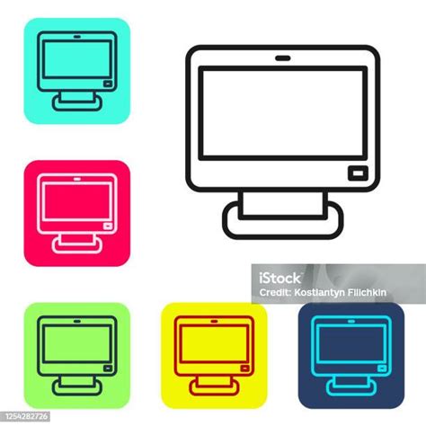 흰색 배경에 격리 된 검은 줄 컴퓨터 모니터 화면 아이콘 전자 기기 전면 보기입니다 색상 정사각형 단추로 아이콘을 설정합니다 벡터 0명에 대한 스톡 벡터 아트 및 기타