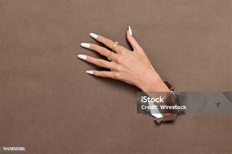 긴 흰색 손톱과 갈색 종이 배경에서 튀어나온 황금 반지를 가진 여성 손 갈색에 대한 스톡 사진 및 기타 이미지 갈색 매니큐어 미용술 손톱 Istock