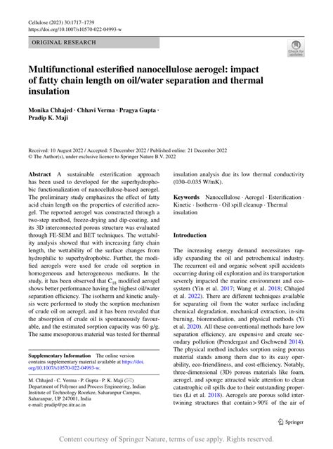 Multifunctional Esterified Nanocellulose Aerogel Impact Of Fatty Chain Length On Oil Water