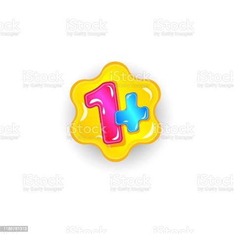 1 하나 플러스 기호 재미 유치 한 글꼴과 빛나는 질감고립 된 어린이 연령 제한 스티커 라벨 0명에 대한 스톡 벡터 아트 및