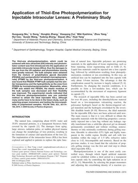 Pdf Application Of Thiol Ene Photopolymerization For Injectable Intraocular Lenses A