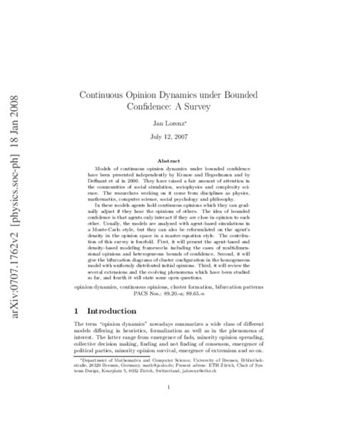 Pdf Continuous Opinion Dynamics Under Bounded Confidence A Survey