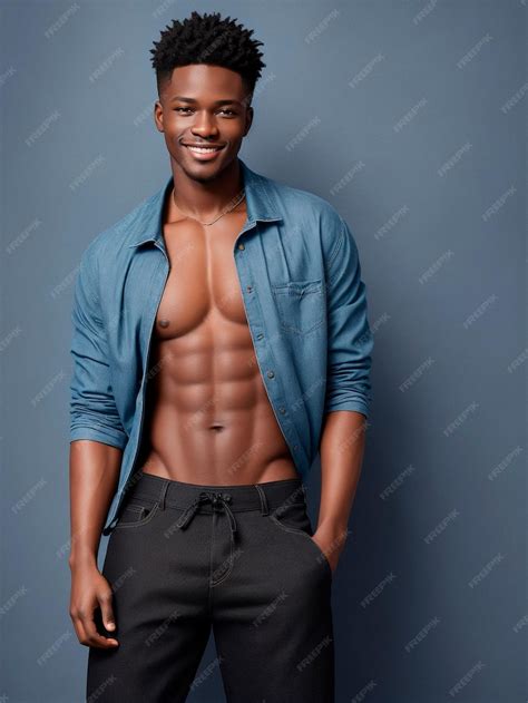 Premium Photo Black Male Model Posing For A Photo On A Blue Studio