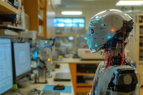 Robot Conducts Research In Advanced Laboratory Equipped With High Tech Gadgets And Computer