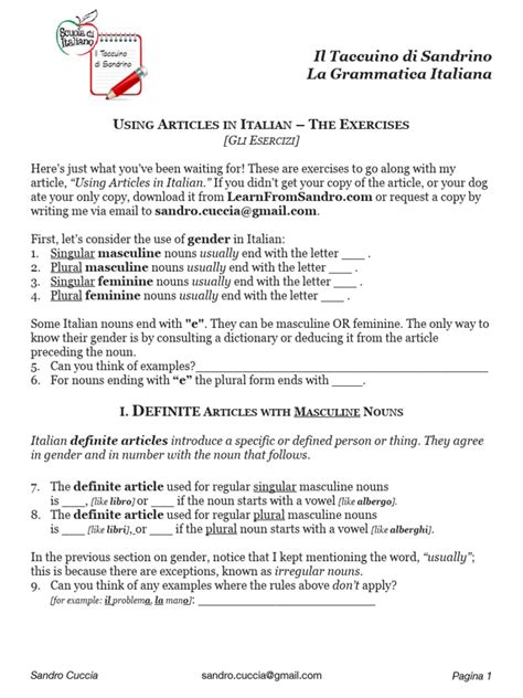 Art Using Articles In Italian Exercises Solutions Pages Pdf