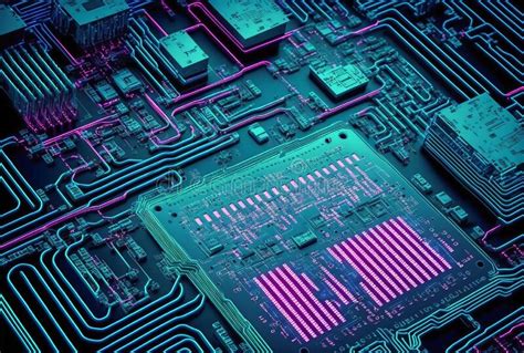 Electronic Circuit Board With Chips Close Up Abstract Illustration Stock Illustration