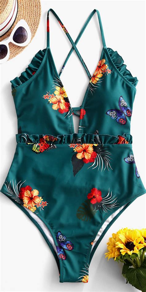 Frilled Floral Butterfly Lace Up One Piece Swimsuit Womens One Piece